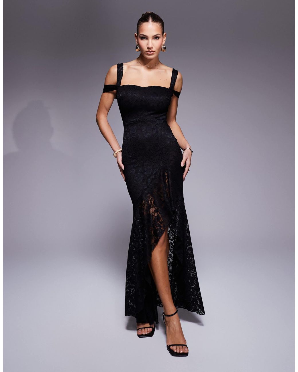 True Violet True Asymmetric Lace Ruffle Gown in Black | Lyst