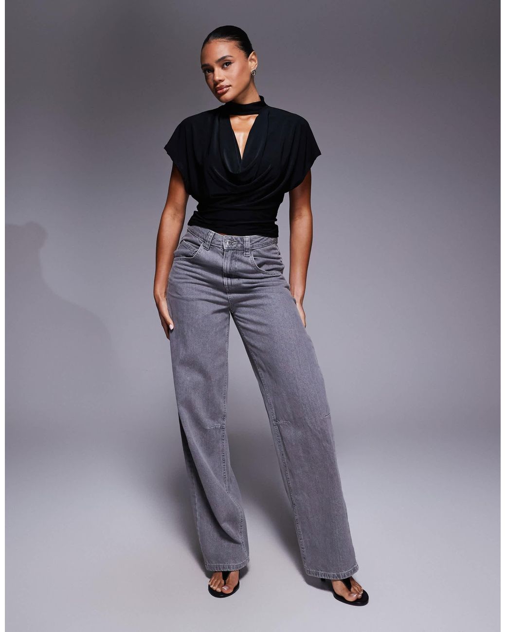 ASOS Slinky Deep Cowl Neck Top in Gray | Lyst