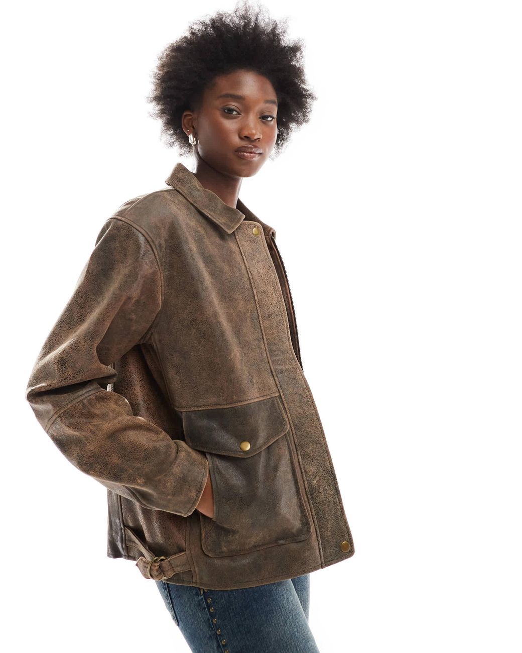 Urbancode Oversized Vintage Leather Harrington Jacket in Brown | Lyst