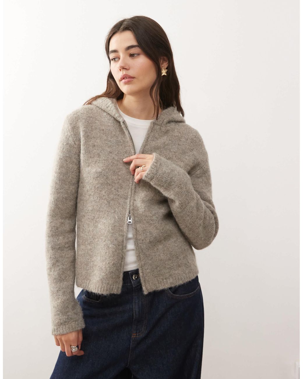 Weekday Knitted Zip Through Cardigan With Hood in Natural | Lyst