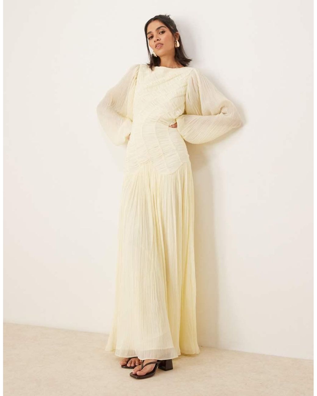 ASOS Long Sleeve Shirred Crinkle Maxi Dress With Dropped Waist in Natural | Lyst UK