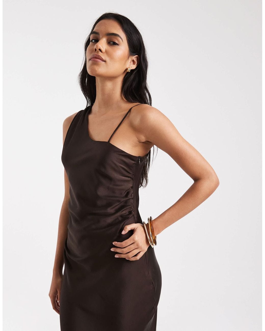 Vero Moda Asymmetric Shoulder Detail Ruched Satin Maxi Dress in Brown ...