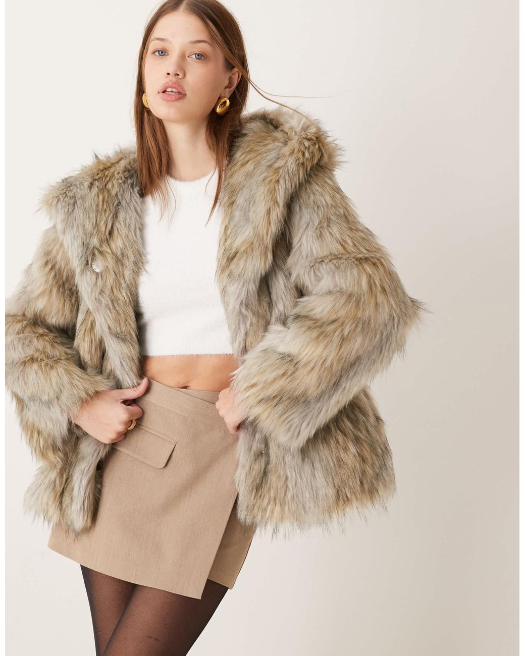 ASOS Tipped Faux Fur Hood Jacket in Natural | Lyst