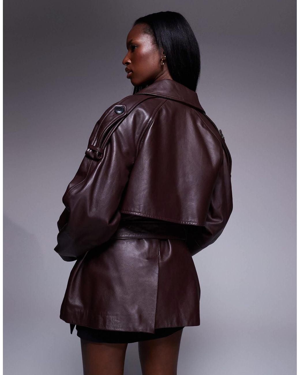 ASOS Real Leather Strong Shoulder Trench Coat in Red | Lyst