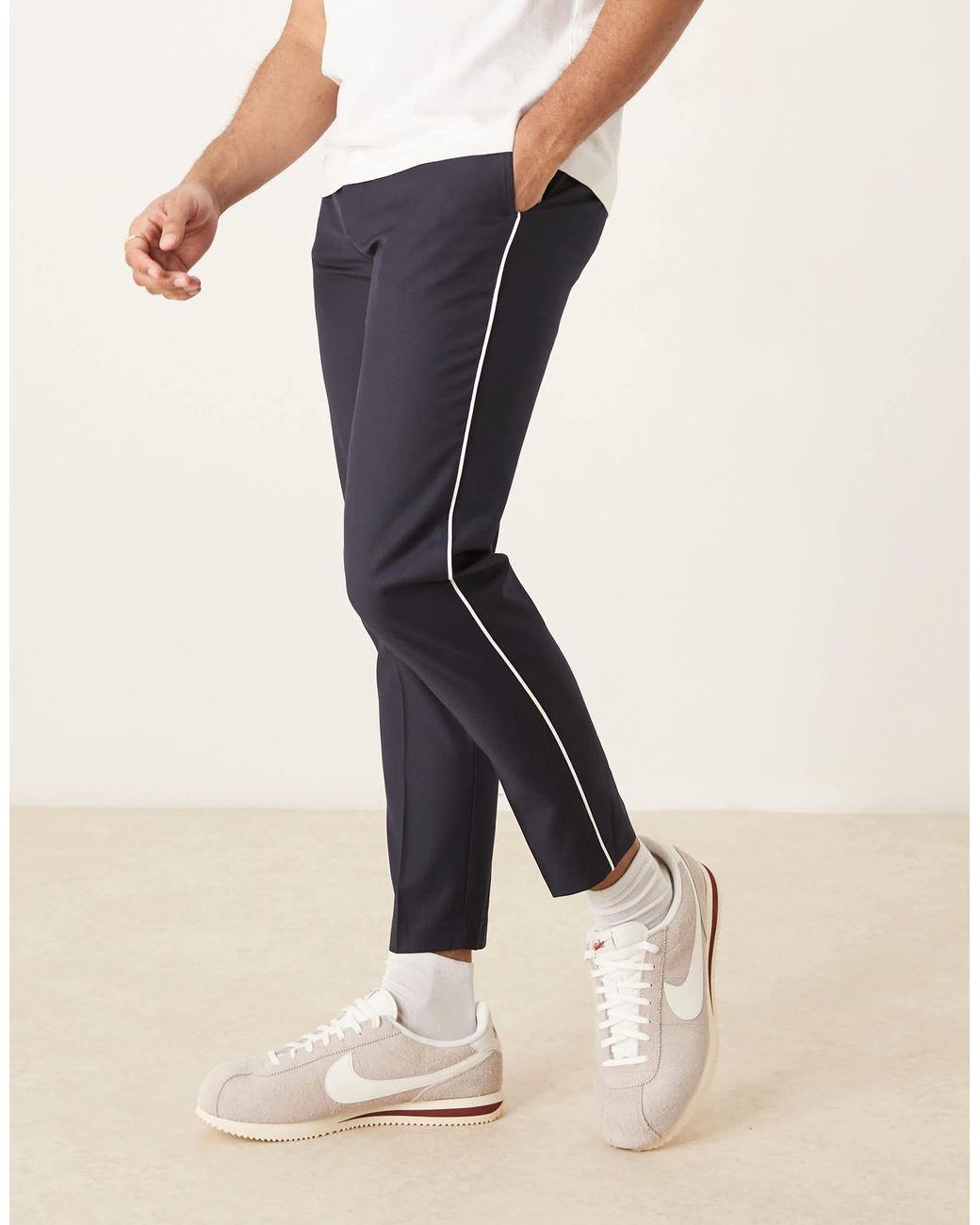 ASOS Smart Tapered Trousers With Side Piping in Natural for Men | Lyst