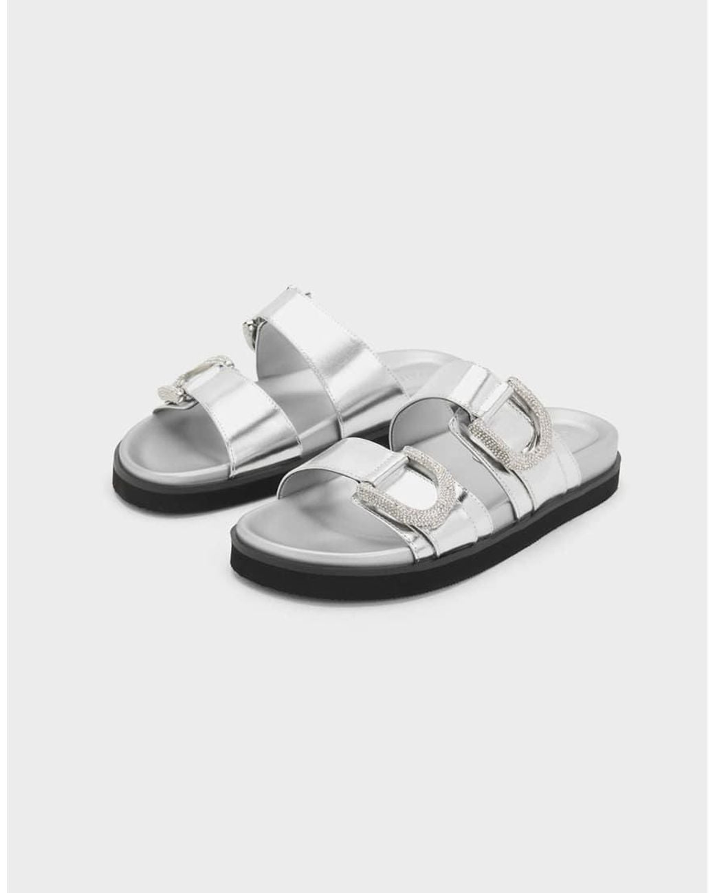 Charles & Keith Gabine Crystal-Embellished Buckle Metallic Leather ...