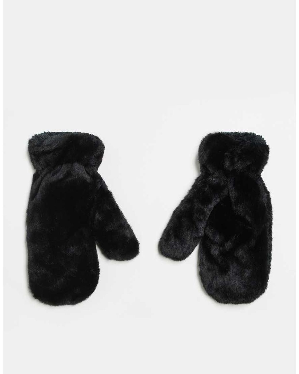 Threadbare Faux Fur Mittens in Black | Lyst UK