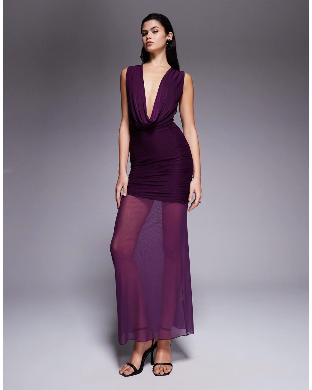 Kaiia Exclusive Double Layered Slinky Extreme Cowl Neck Sheer Hem Maxi ...