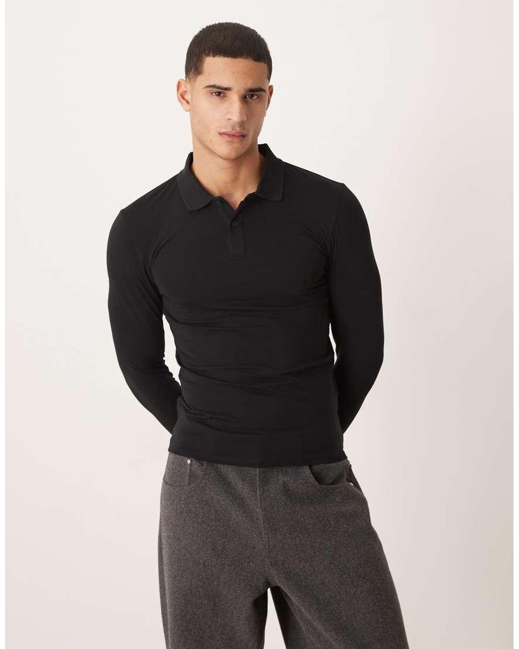 ASOS Essentials Muscle Fit Long Sleeve Polo in Black for Men | Lyst UK