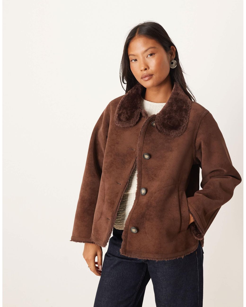 ASOS Asos Design Petite Funnel Neck Faux Suede Bonded Jacket in Brown ...