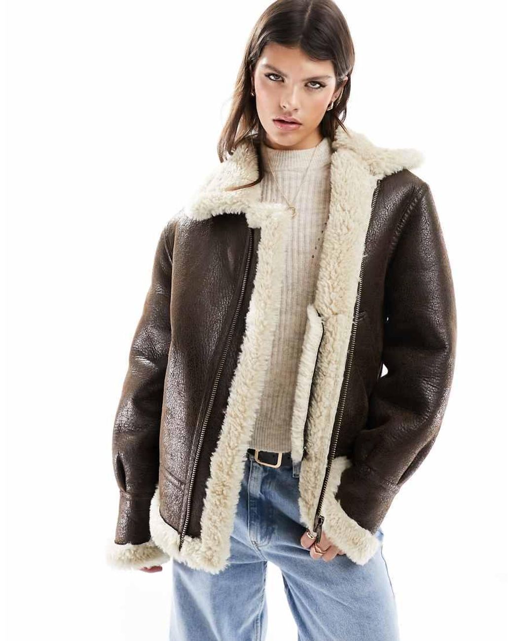 Mango Shearling Detail Aviator Jacket in Brown | Lyst UK