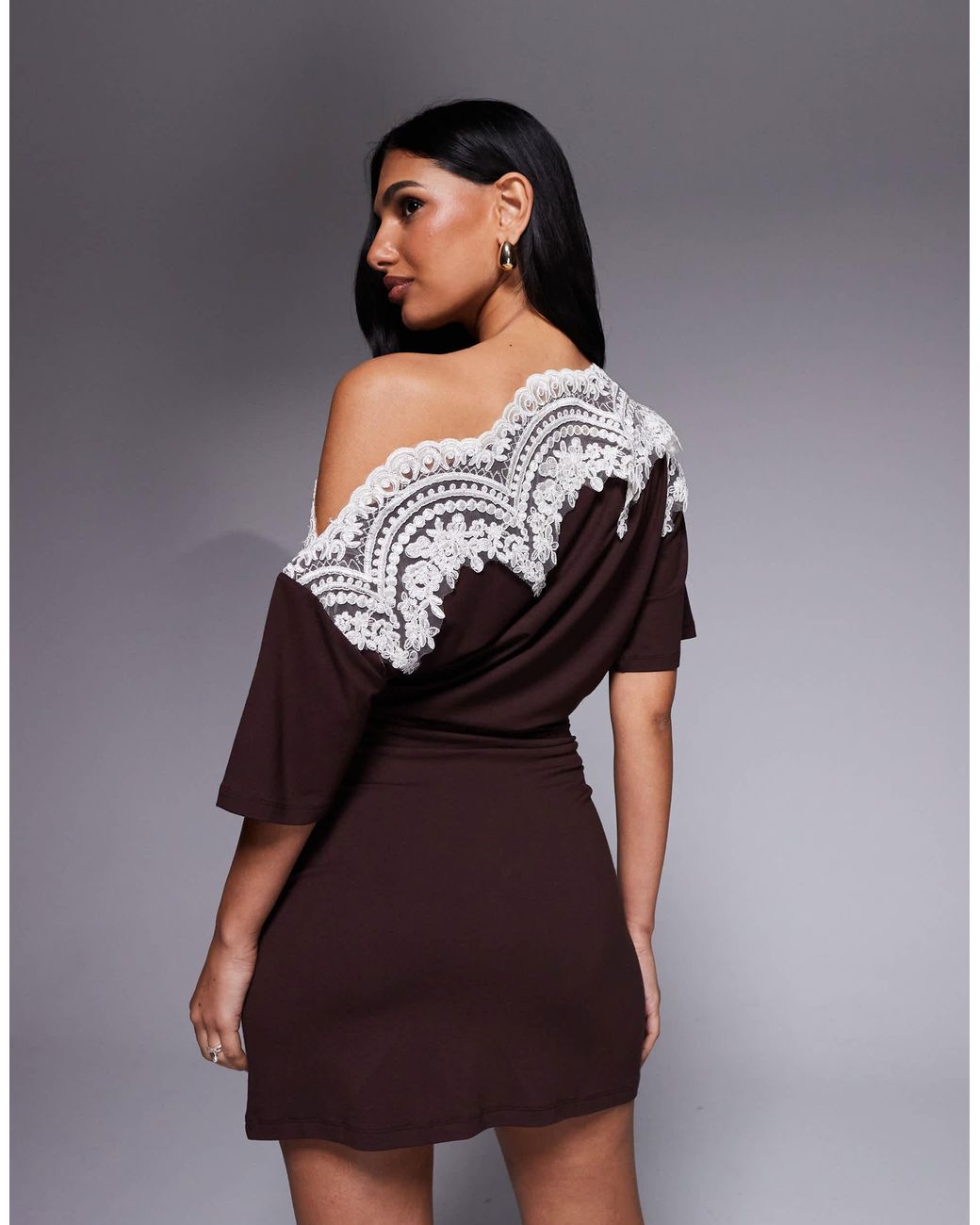 ASOS Lace Trim Fallen Shoulder Short Sleeve With Ruching Mini Dress in ...