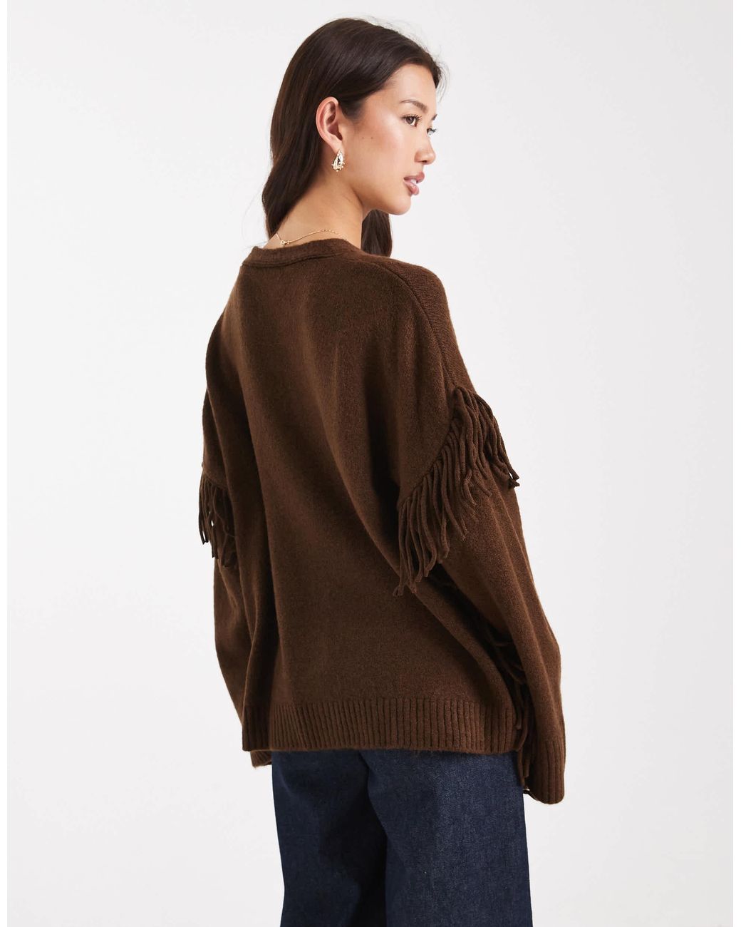 ASOS Fringe Detail Boyfriend Cardigan in Brown | Lyst