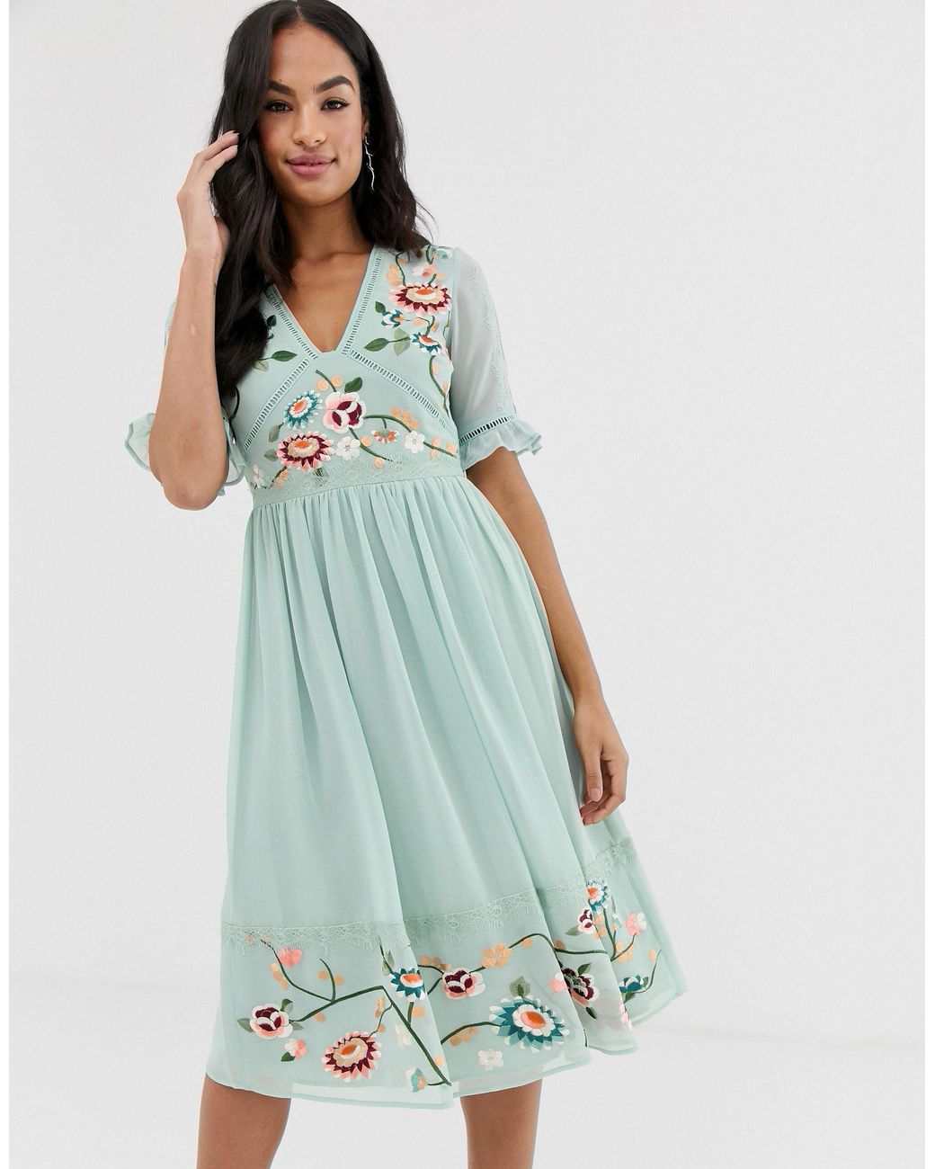 Asos Synthetic Embroidered Midi Dress With Lace Trims In Green Lyst