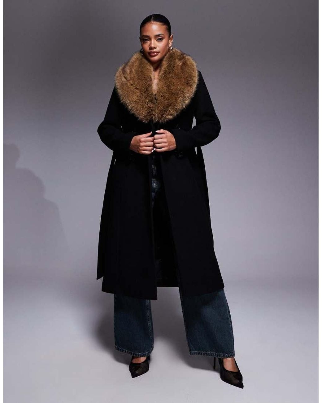 Forever New Contrast Detachable Faux Fur Collar Formal Wool Blend Coat ...