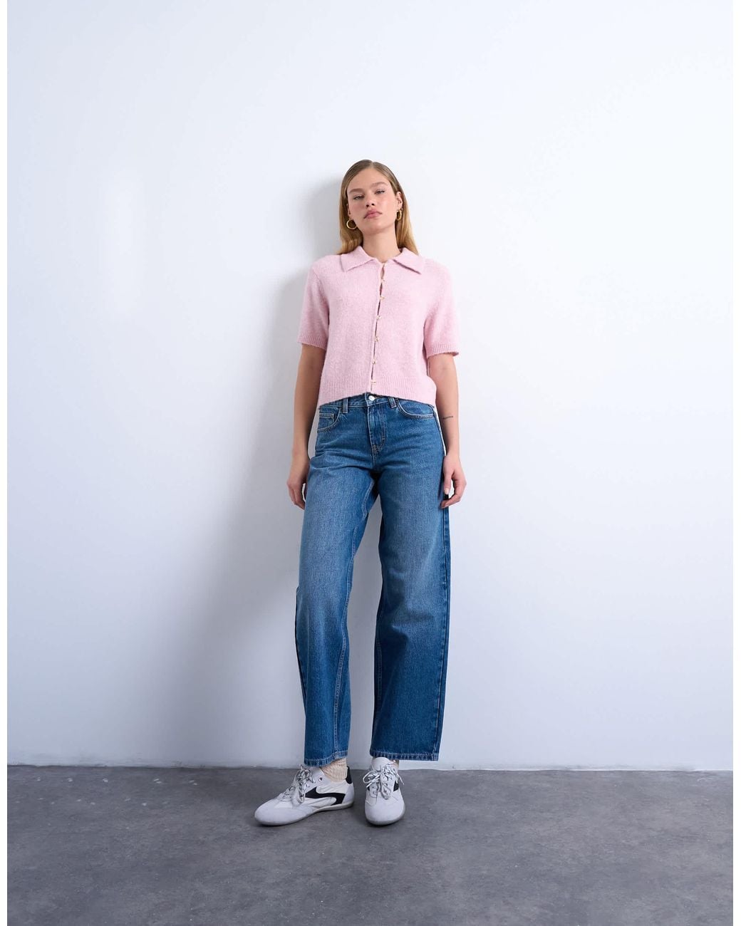 TOPSHOP Knit Half Sleeve Collared Cardigan in Pink | Lyst