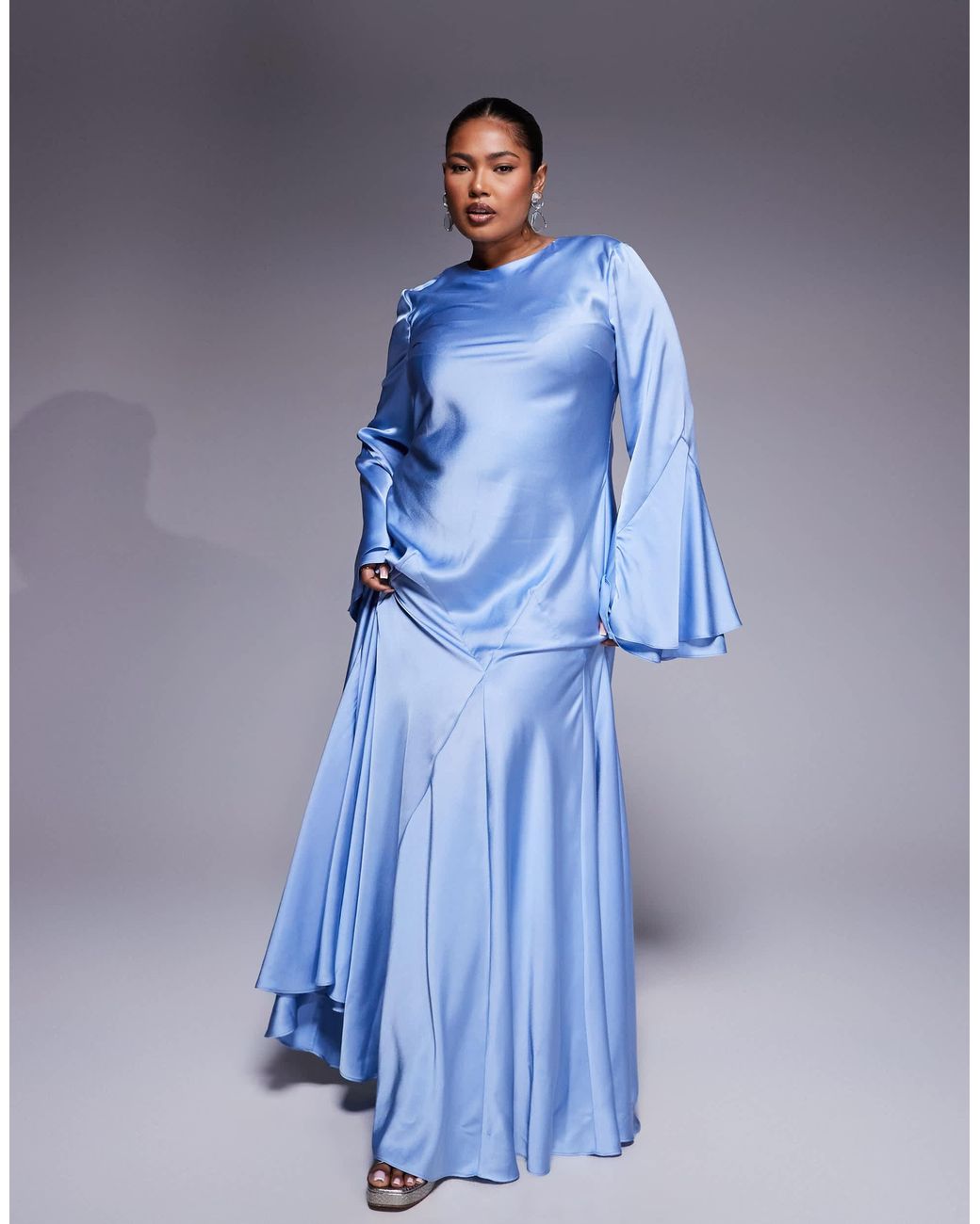 ASOS Asos Design Curve Long Sleeve Satin Maxi Dress With Full Skirt And ...