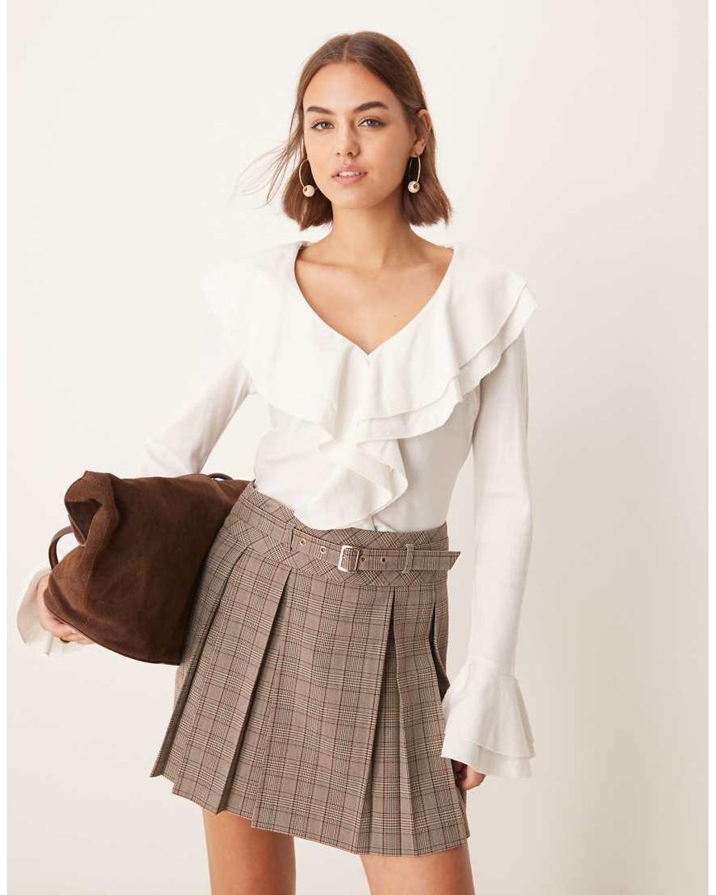 New Look Check Pleated Mini Skirt With Belt in Natural | Lyst UK