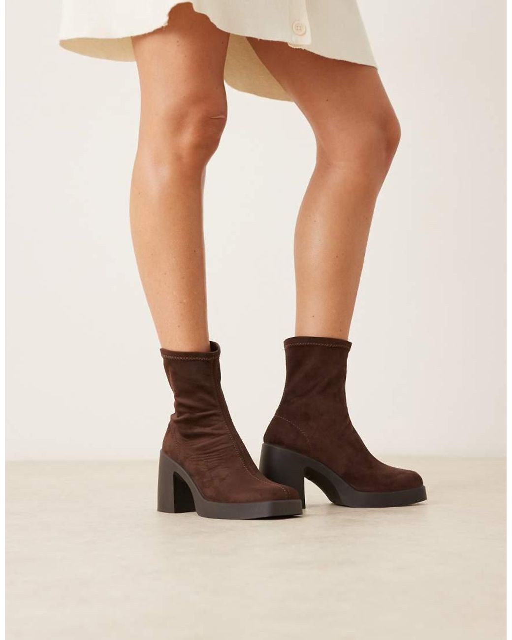 ASOS Edison Square Toe Chunky Heeled Sock Boots in Natural | Lyst UK
