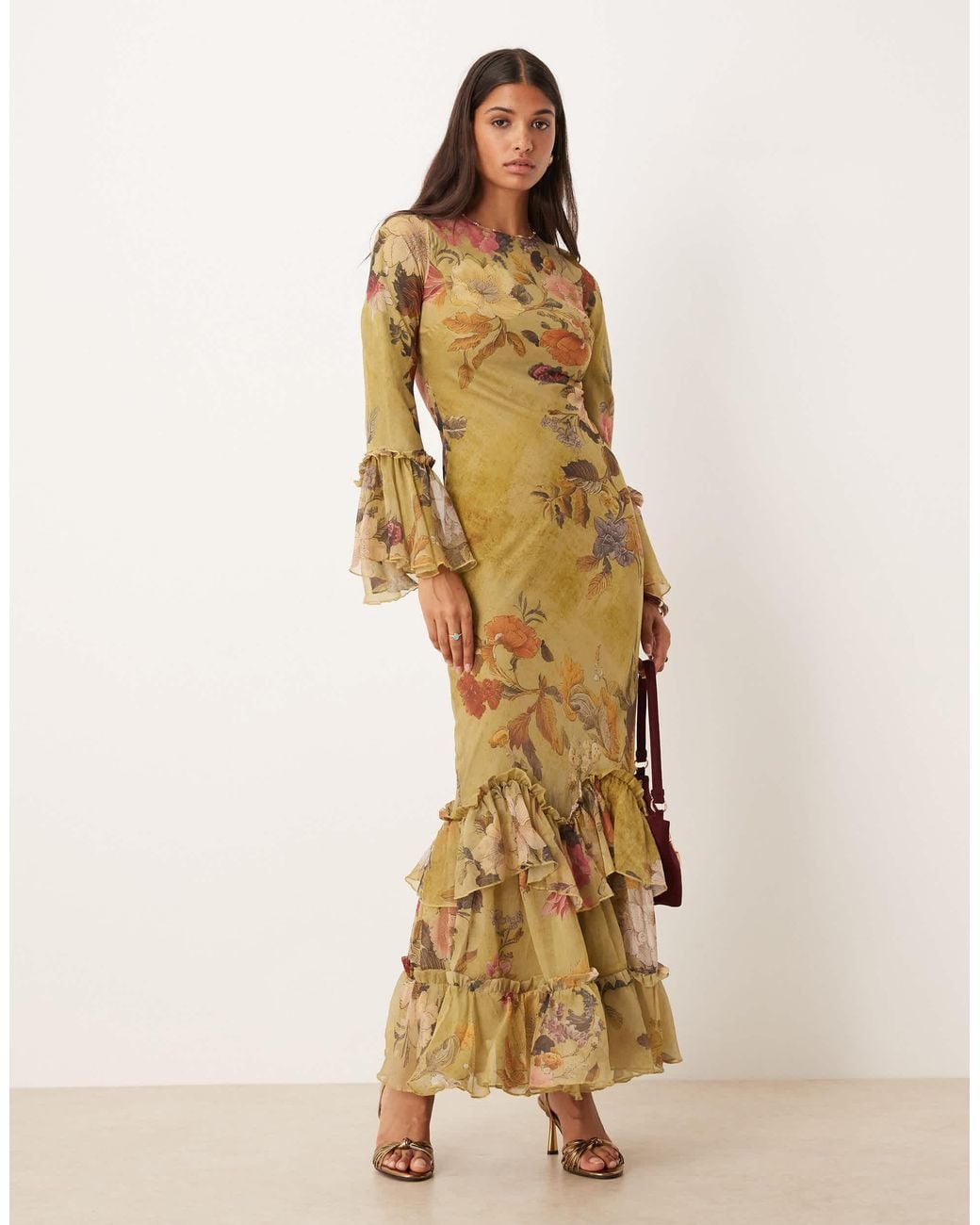 ASOS Tiered Ruffle Long Sleeve Chiffon Maxi Dress in Metallic | Lyst