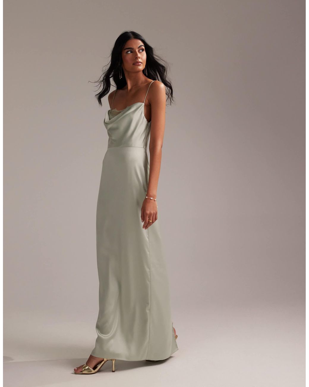 ASOS Bridesmaids Lace Detail Column Satin Maxi Dress in Brown | Lyst