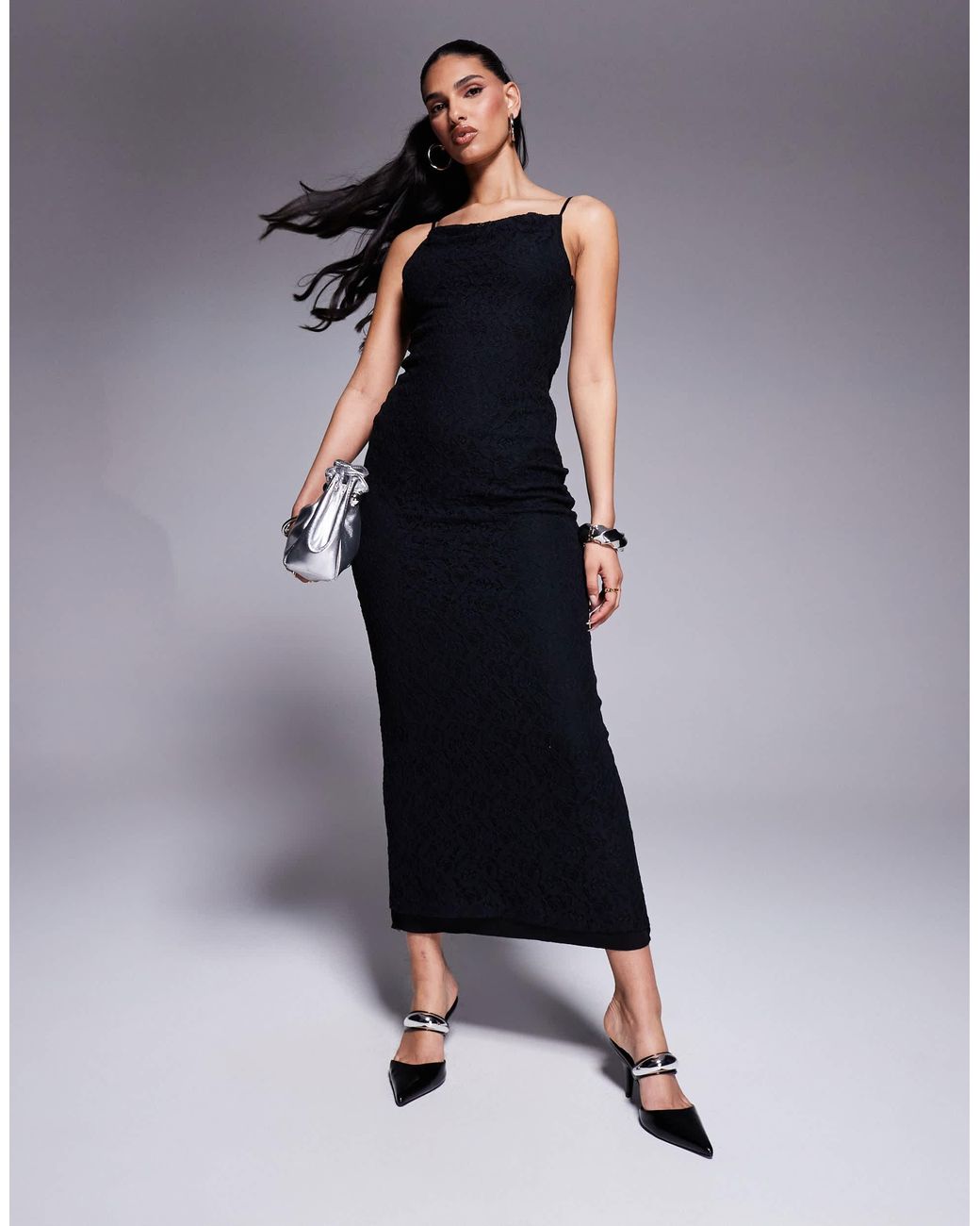 ASOS Cowl Neck Cami Lace Maxi Dress With Mesh Panel in Black | Lyst