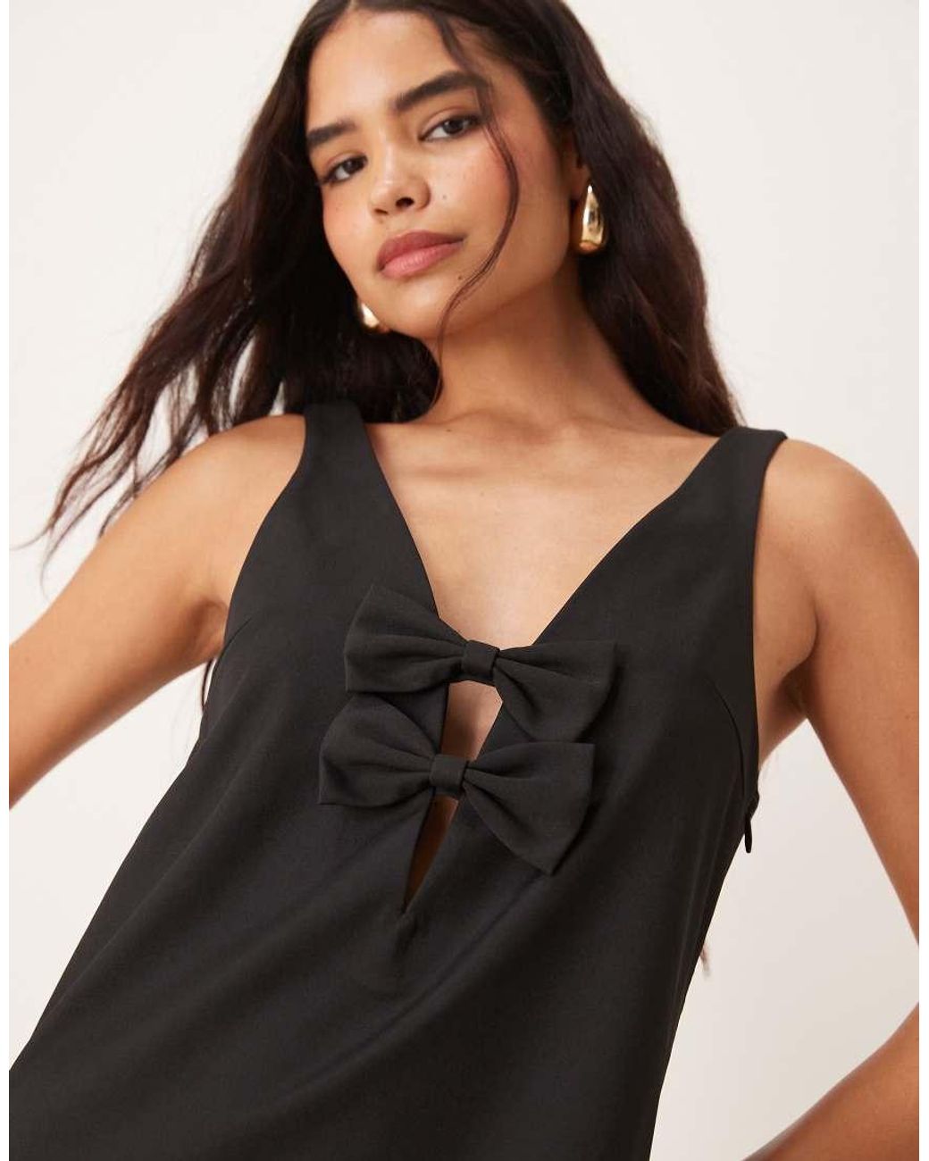 ASOS V Neck Bow Detail Structured Mini Shift Dress in Natural | Lyst UK