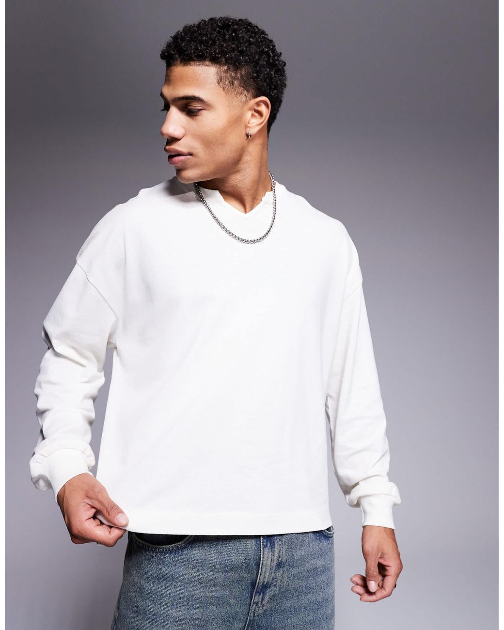 ASOS Oversized Boxy Heavyweight Long Sleeve High V Neck Pique T-shirt ...