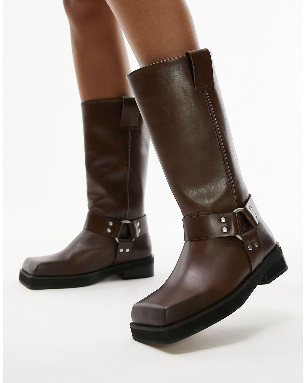 TOPSHOP Ruby Premium Leather Biker Boot in Brown | Lyst