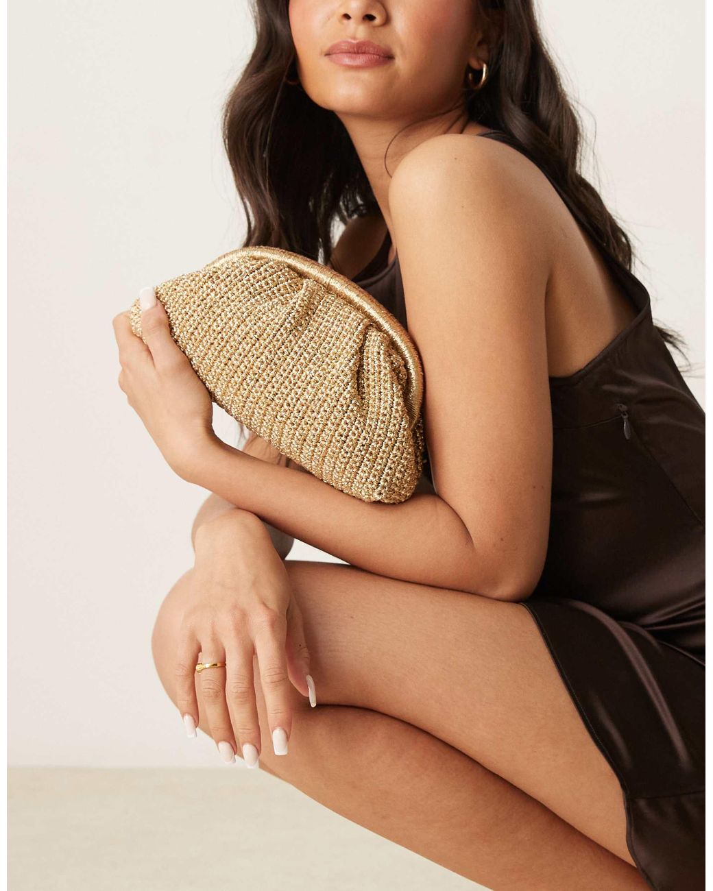 Mango Raffia Metalic Clutch Bag in Brown | Lyst