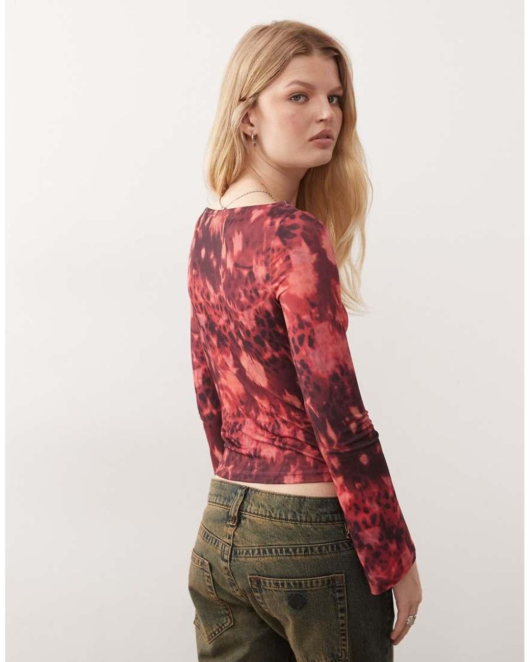 Reclaimed Vintage Slash Neck Flare Sleeve Top in Red | Lyst UK