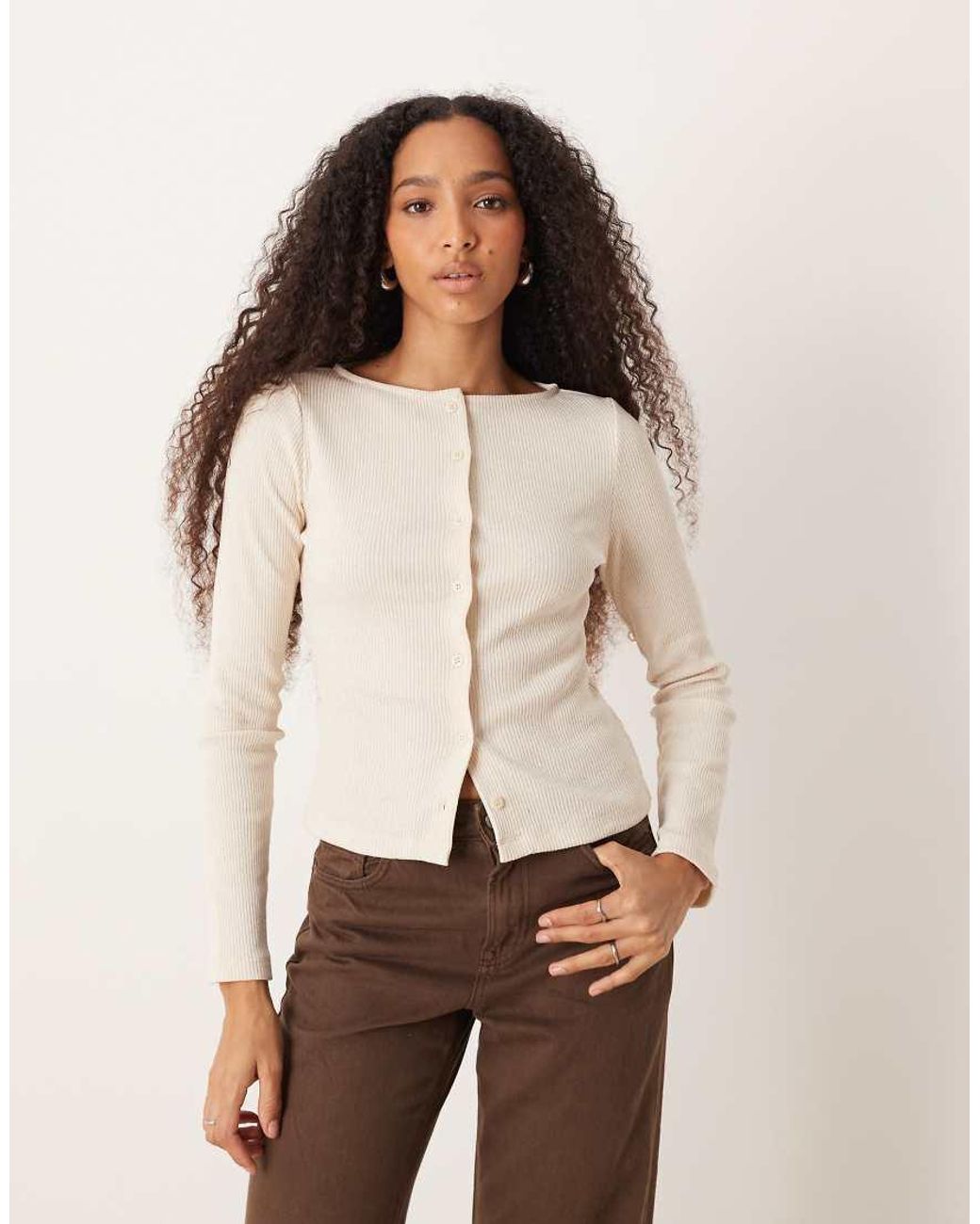 ASOS Wide Neck Rib Cardigan in Natural | Lyst UK