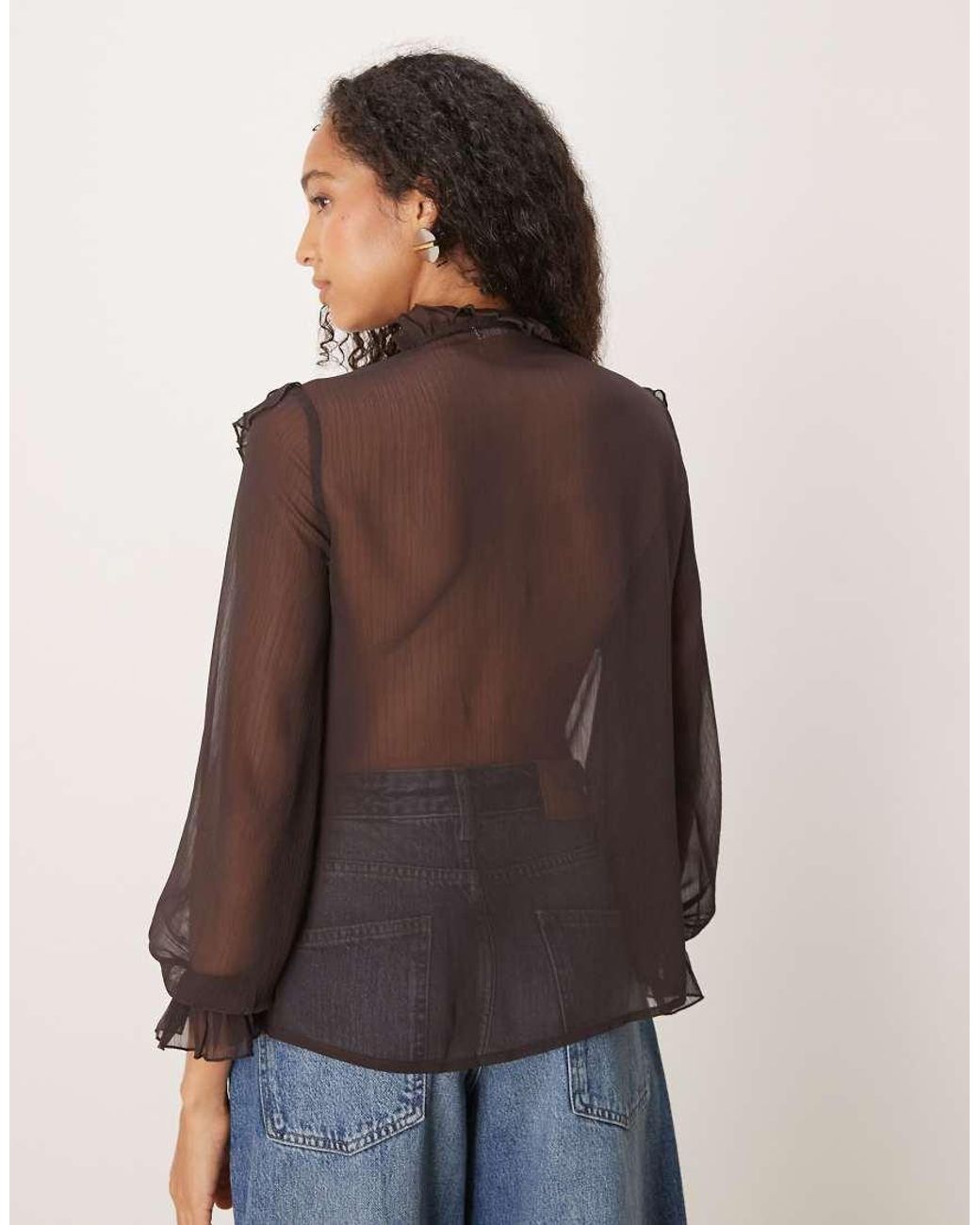 Glamorous Button Up Tie Front Ruffle Blouse in Brown | Lyst UK