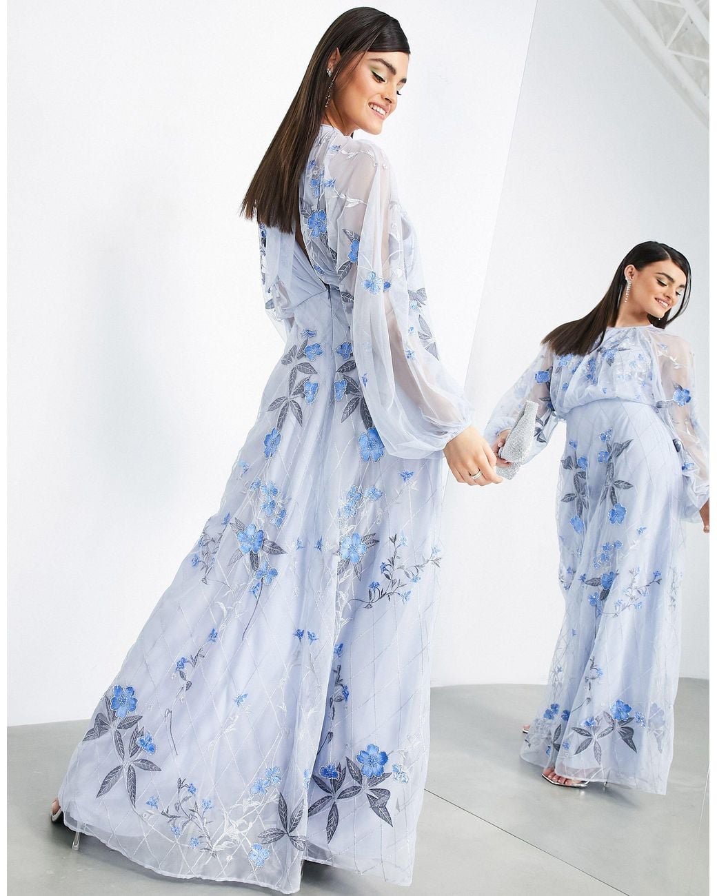 ASOS Floral And Leaf Embroidered Mesh Maxi Dress in Blue | Lyst