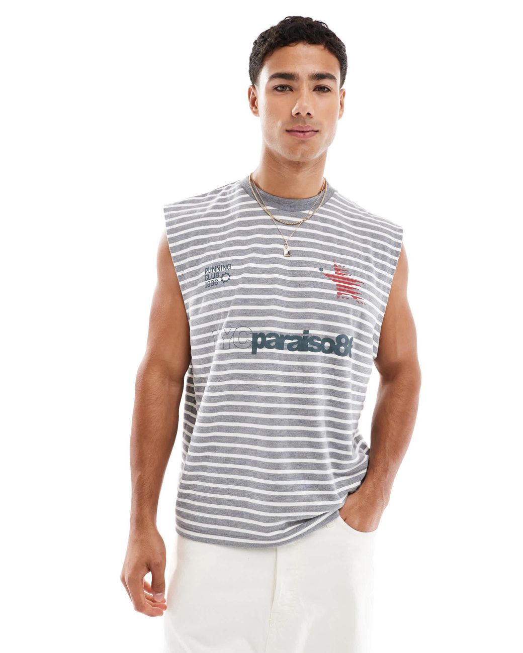 ASOS Oversized Boxy Striped Tank With Front Chest Print in White for ...