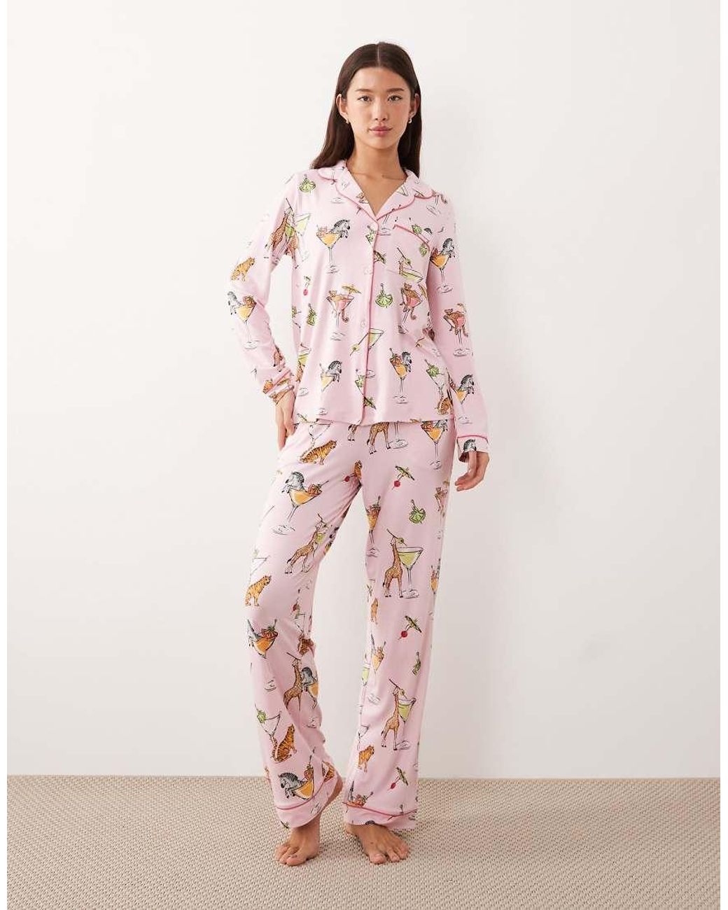 Chelsea Peers Long Button Up Pajama Set in Pink | Lyst UK