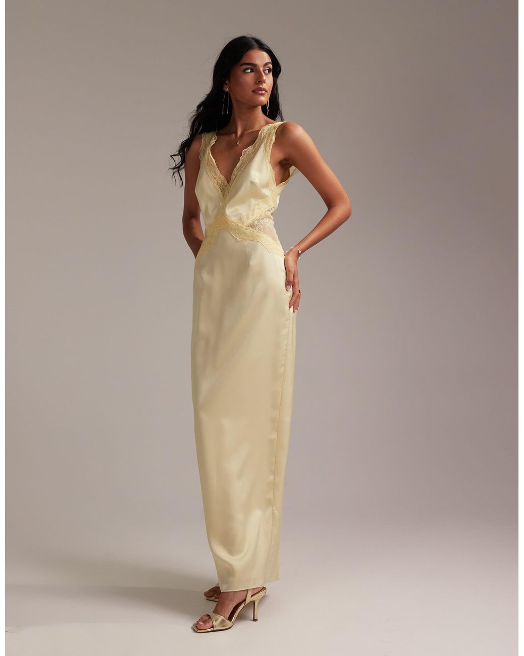 ASOS Bridesmaids Plunge Neck Lace Detail Satin Column Maxi Dress in ...