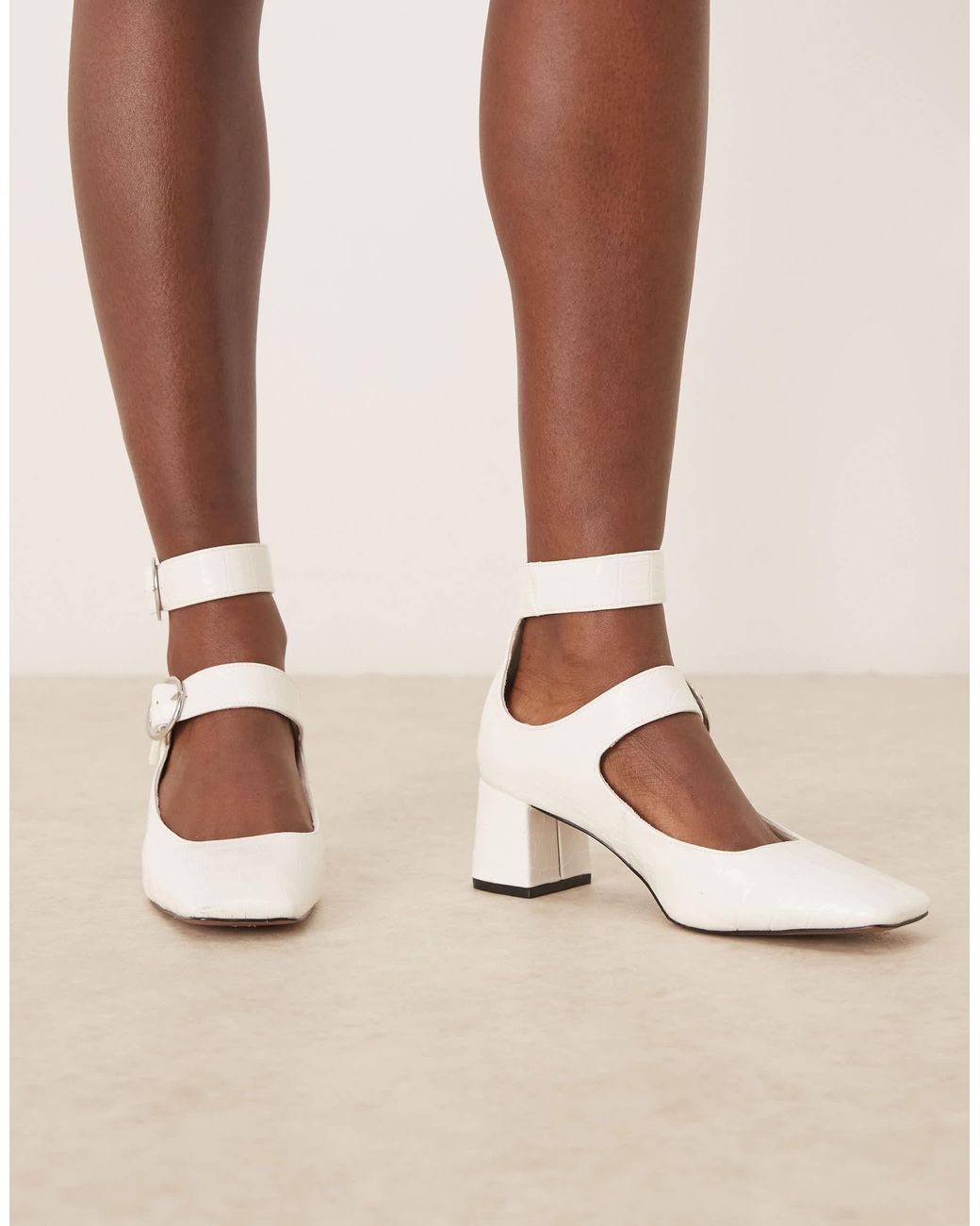ASOS Sasha Double Buckle Strap Mid Block Heel Shoes in Natural | Lyst
