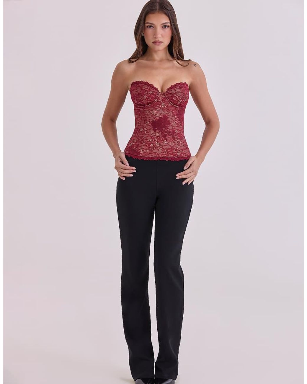 House Of Cb Yara Wine Lace Strapless Corset Top in Red | Lyst UK