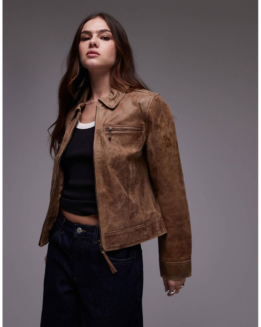 Urbancode Zip Through Fitted Crop Leather Jacket in Brown | Lyst