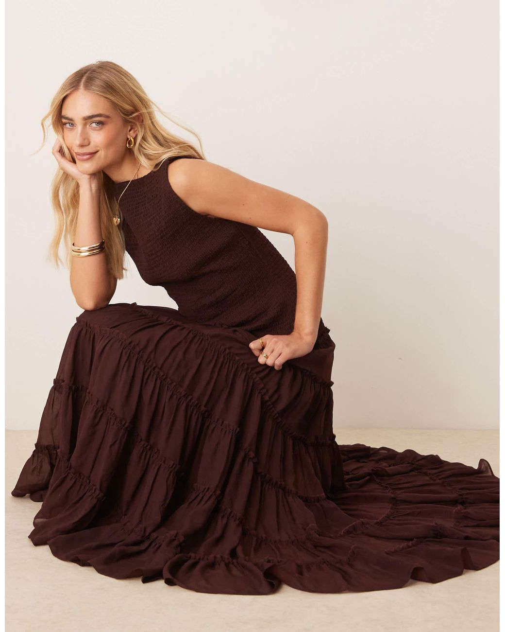 ASOS Shirred Slash Neck Maxi Dress in Brown | Lyst