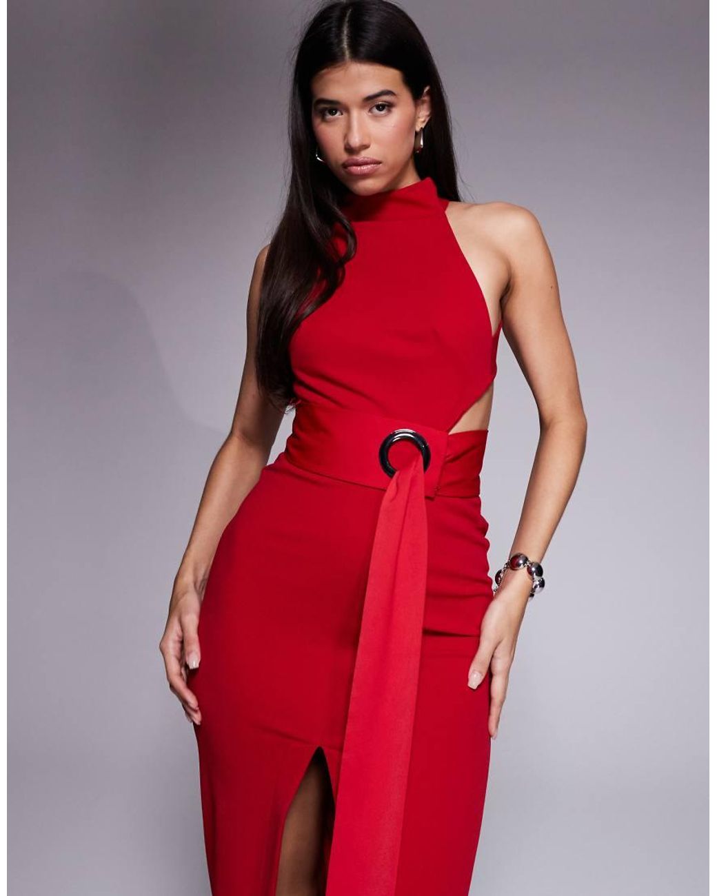 ASOS Halter Maxi Dress With Slit And Knot Belt in Red | Lyst UK
