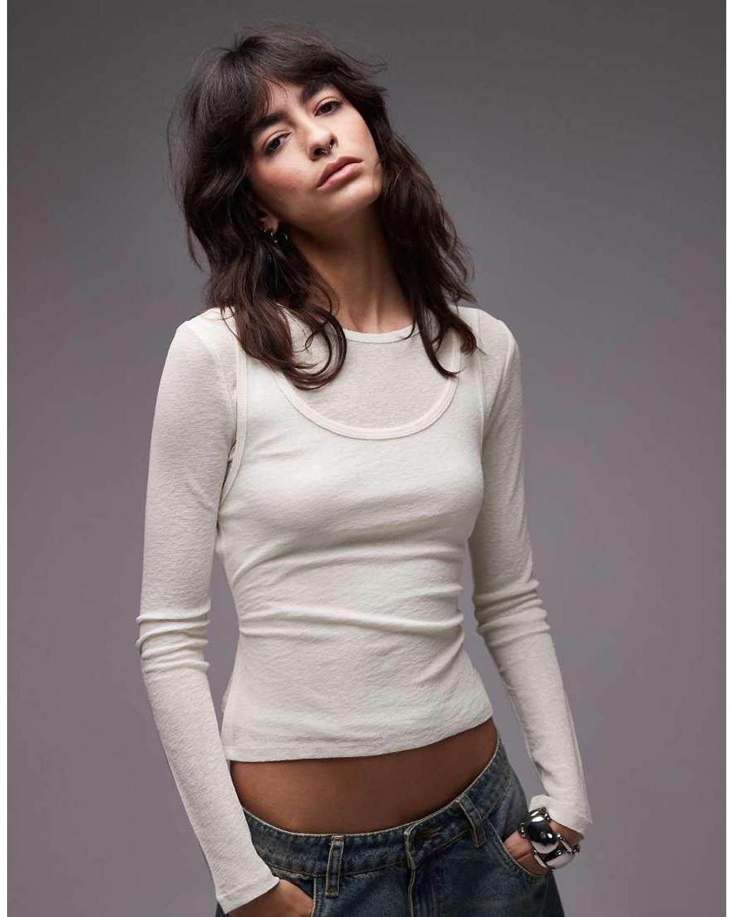 ASOS Double Layer Sheer Top in Grey | Lyst UK
