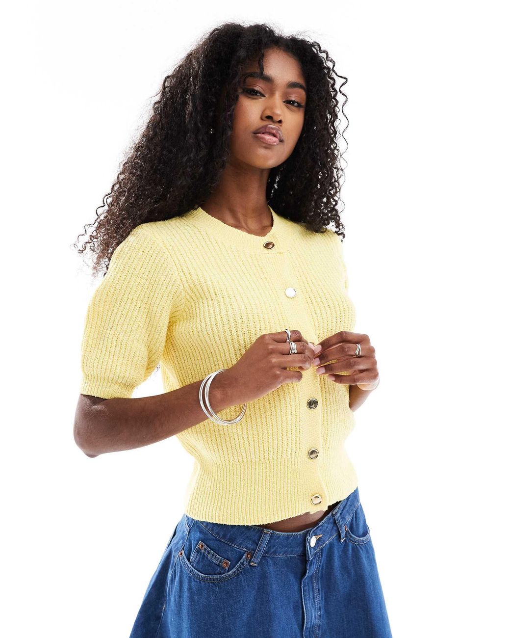 ASOS Textured Short Sleeve Cardigan With Gold Buttons in Yellow | Lyst