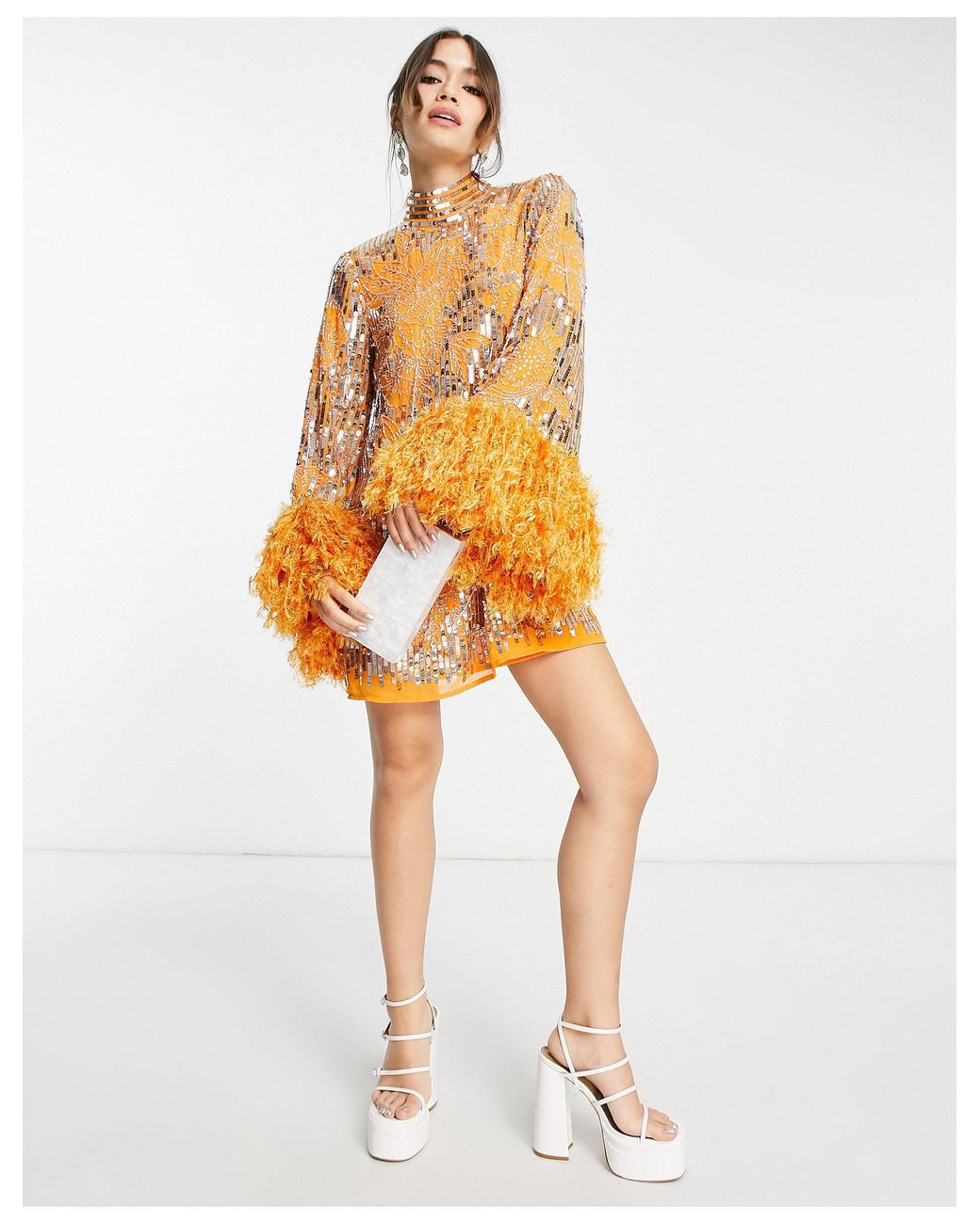 ASOS Floral Sequin And Bead Mini Dress With Faux Feather Cuff in Orange | Lyst