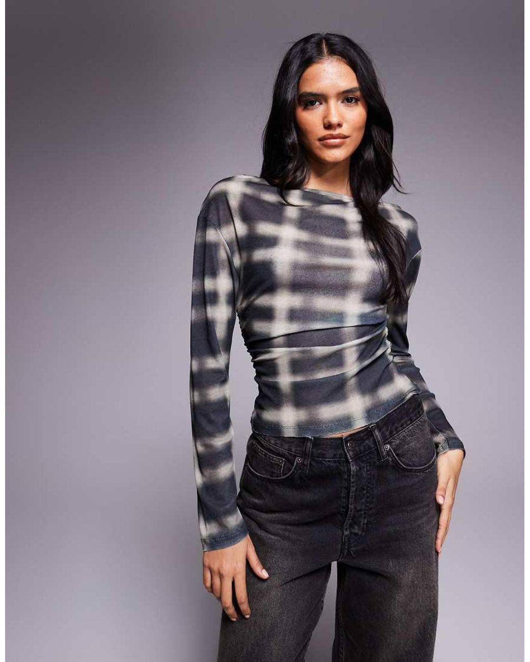 ASOS Gauzy Sheer Check Long Sleeve Top in Grey | Lyst UK