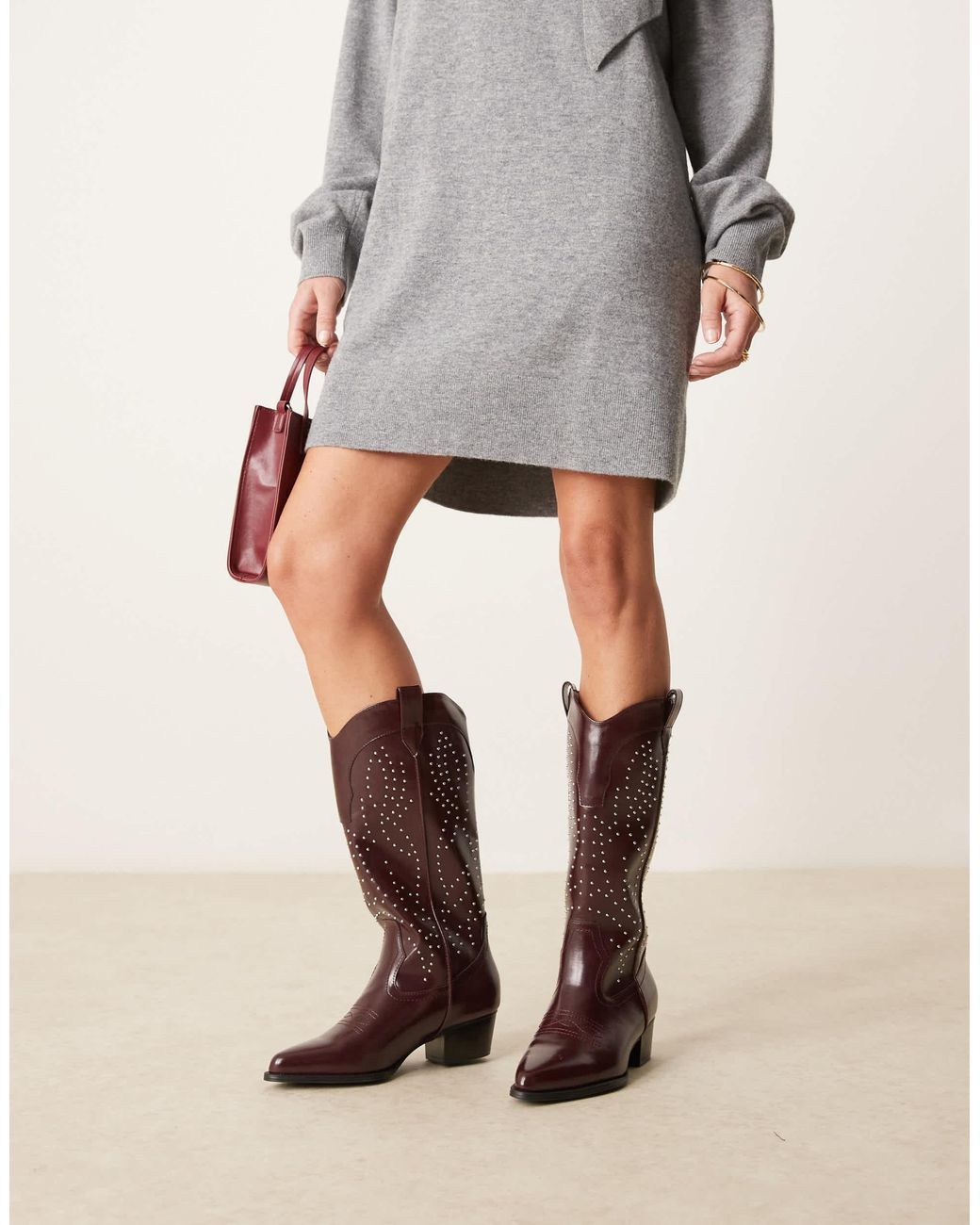 Glamorous Studded Western Knee Boots in Gray | Lyst