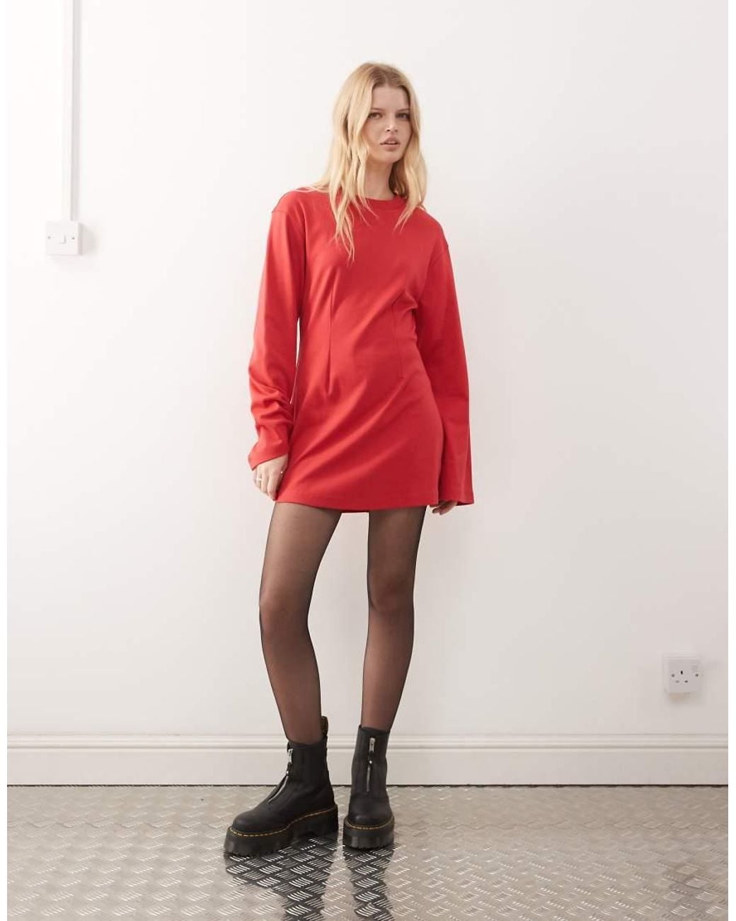 Monki Cinched Waist Long Sleeve Mini Dress in Red | Lyst UK
