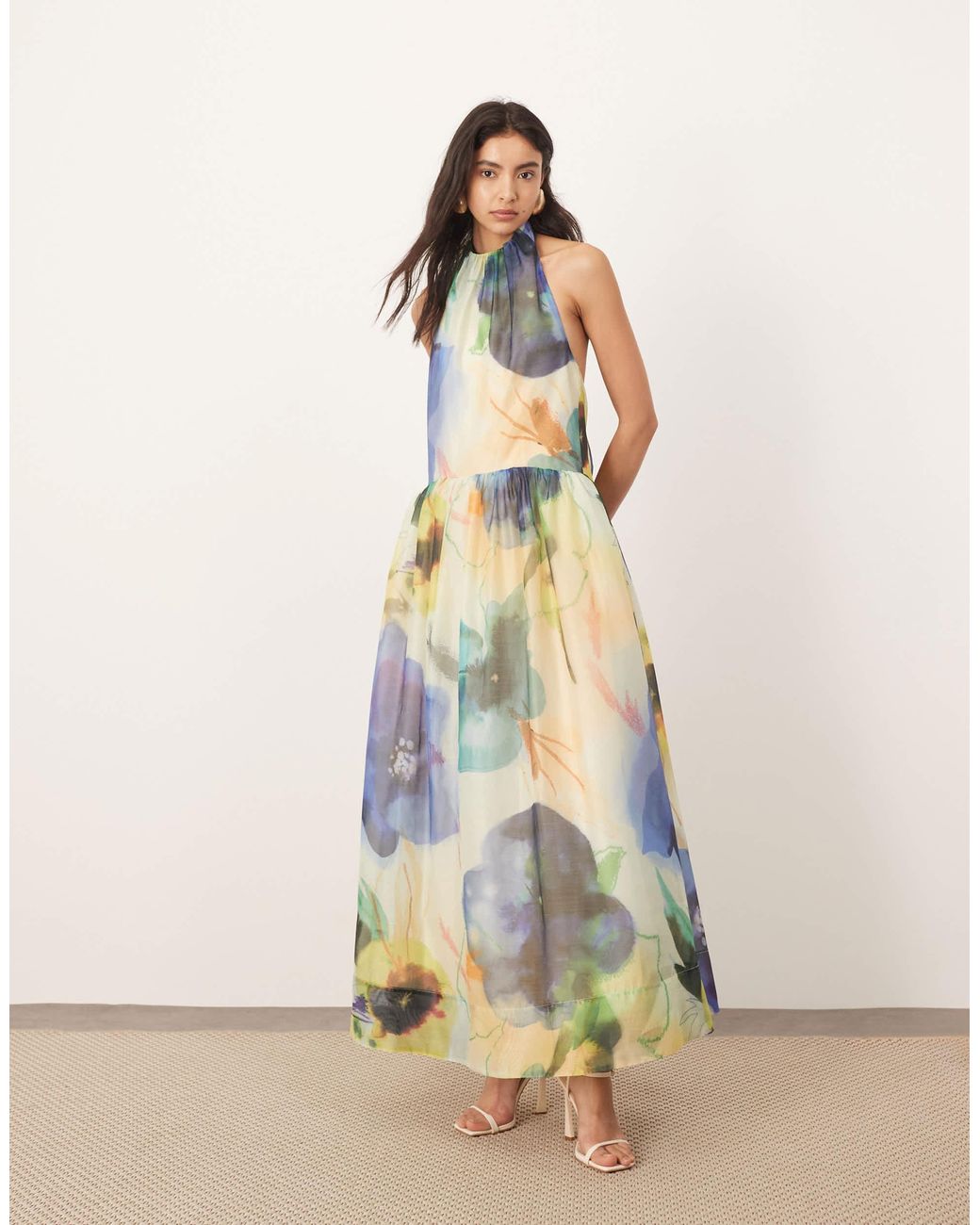 ARRANGE Halterneck Maxi Dress With Tie Neck Detail in Natural | Lyst