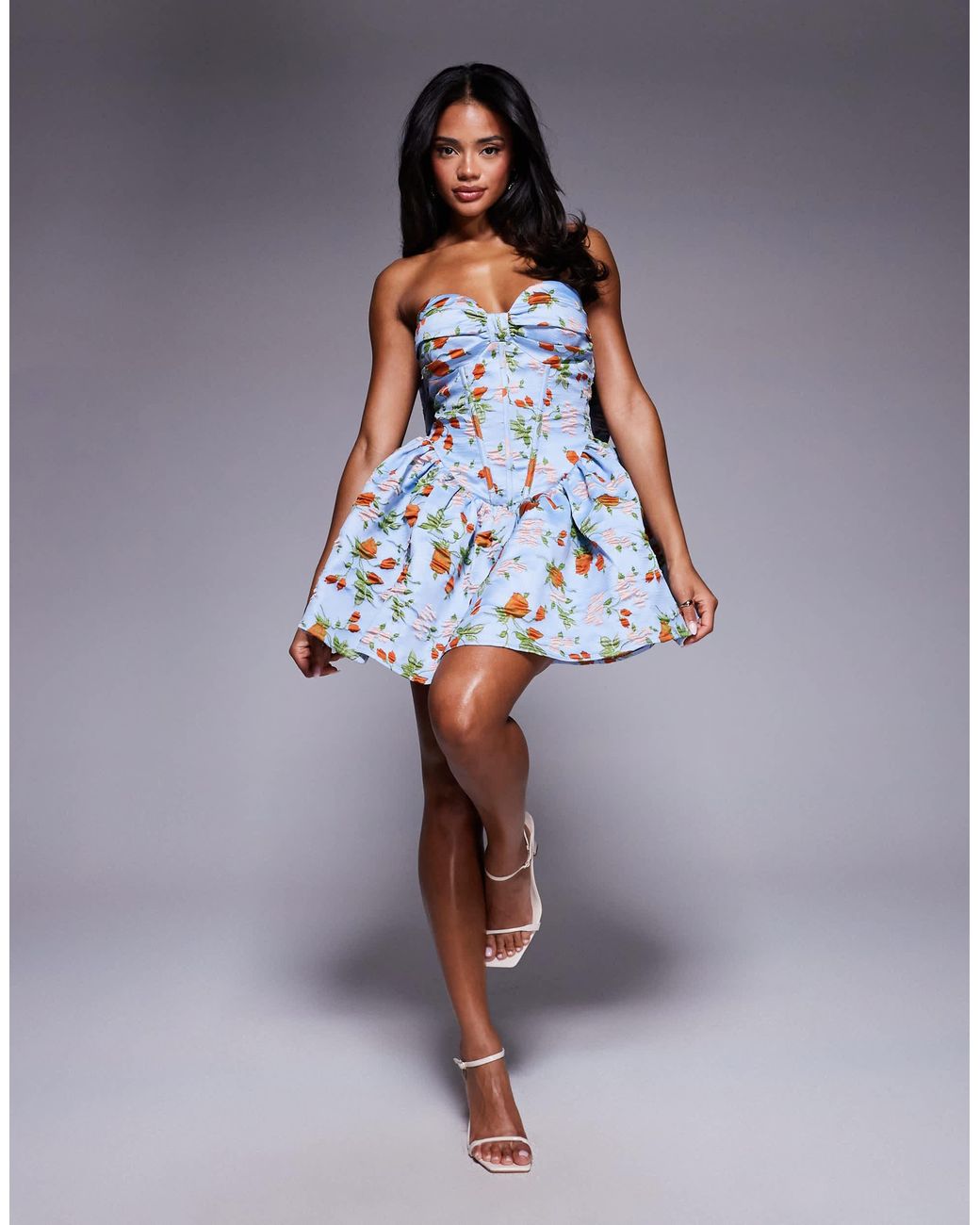 ASOS Jacquard Mini Dress With Corset And Bow Back in Blue | Lyst